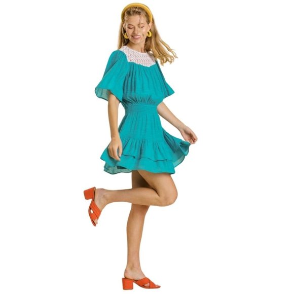 Umgee | Dresses | Umgee Turquoise Blue Short Bell Sleeve Dress With ...